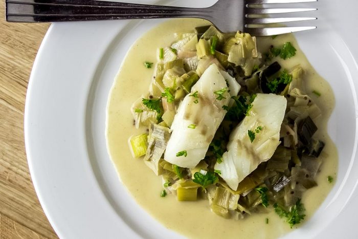 Skillet Braised Cod With Pub Style Mustard & Leeks Recipe