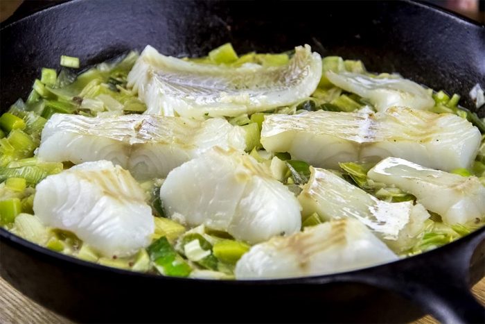 Skillet Braised Cod With Pub Style Mustard & Leeks Recipe